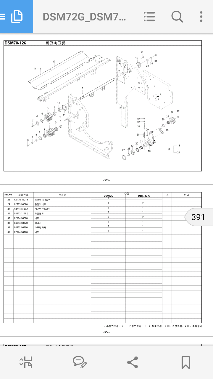 DSM72G 수망.덥개,탈곡통.시브,레일대부품 (383~476P ) - 콤바인 부품책자 - 대동농기계카페